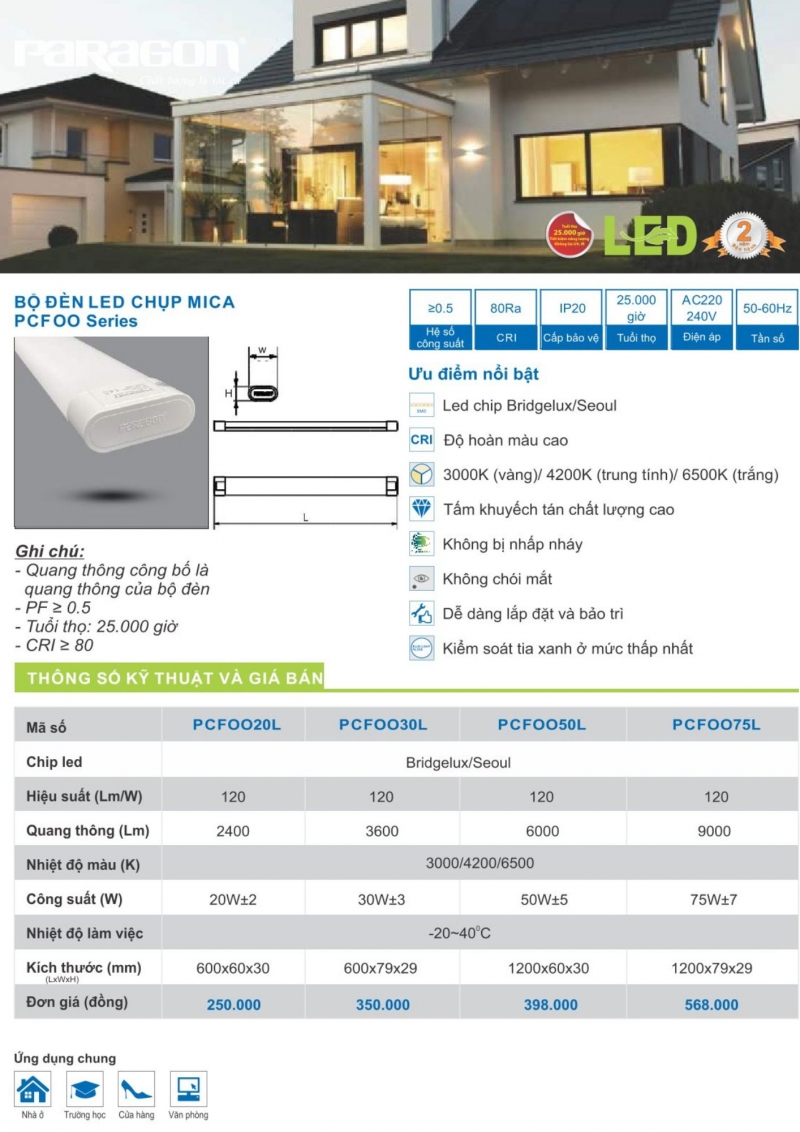 Đèn led bán nguyệt 75W PCFOO75L 1m2 Paragon, chiếu sáng mạnh mẽ