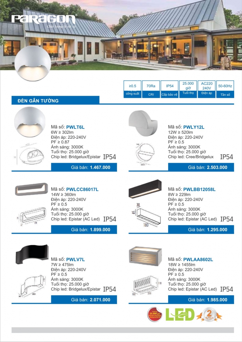 Đèn led gắn tường 14W PWLCC86017L Paragon, IP54, BH 2 năm